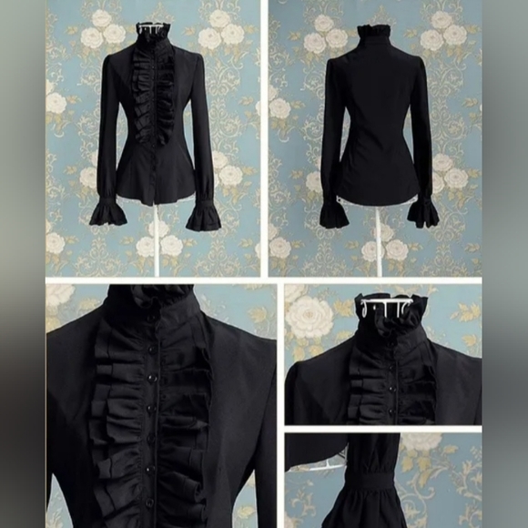 Tops | Ls Deep V Neck Victorian Button Ruffled Front Closure Blouse ...